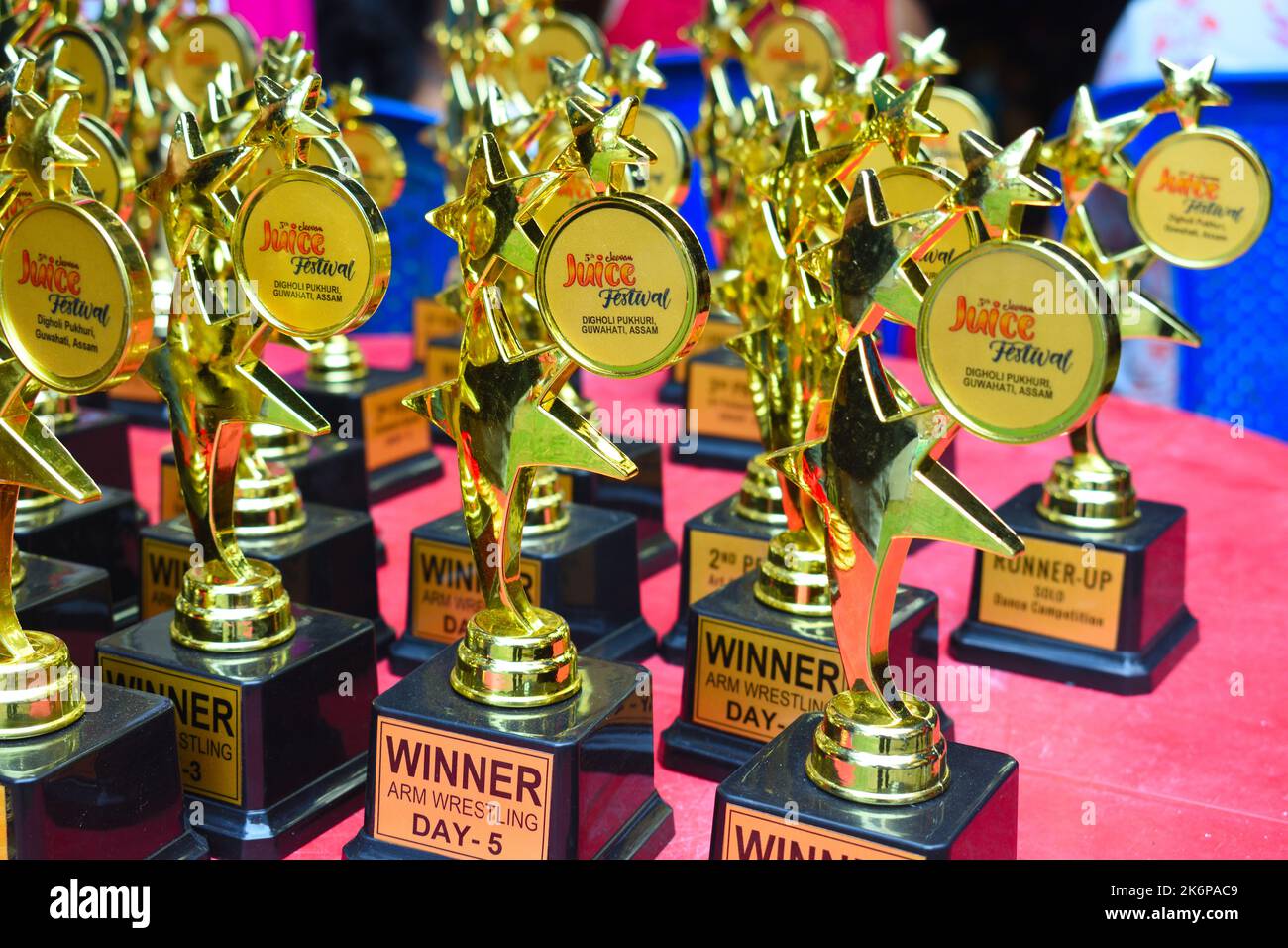 A table full of trophies to be distributed to the winner at competition ...
