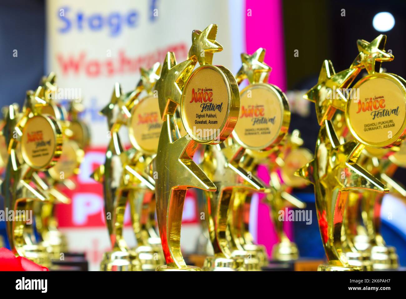 A table full of trophies to be distributed to the winner at competition ...
