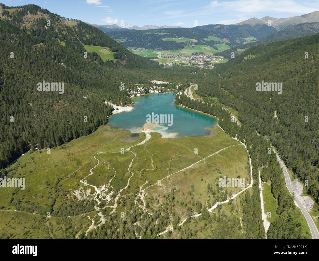Toblacher See in summer alp lake in Italy Tirol. Turquoise colored ...