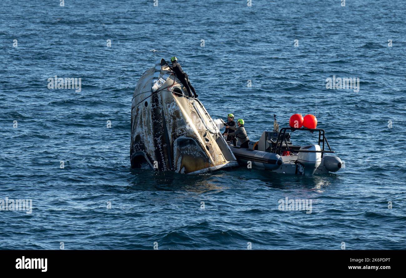Support teams work around the SpaceX Crew Dragon Freedom spacecraft ...
