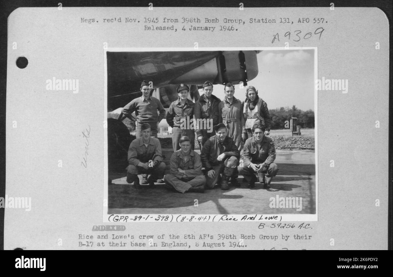 Rice And Lowe's Crew Of The 8Th Af's 398Th Bomb Group By Their B-17 At ...
