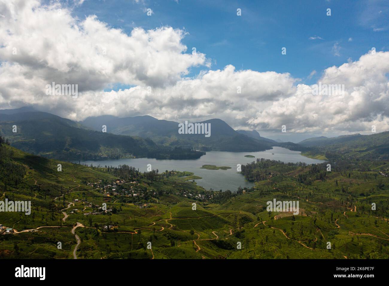 Aerial view of lake in a mountainous area among tea plantations ...