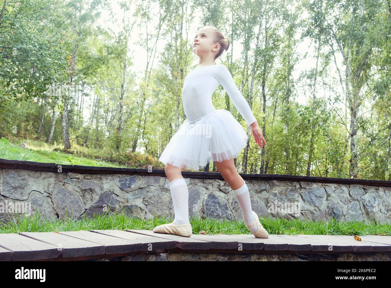 a little ballerina girl shows elements of choreography on a summer day ...