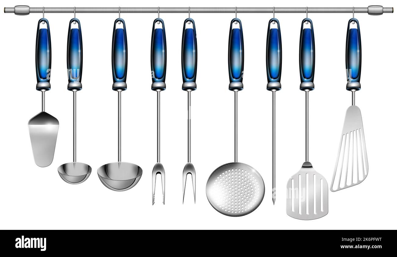 3D illustration of a set of nine kitchen utensils hanging on a pole ...