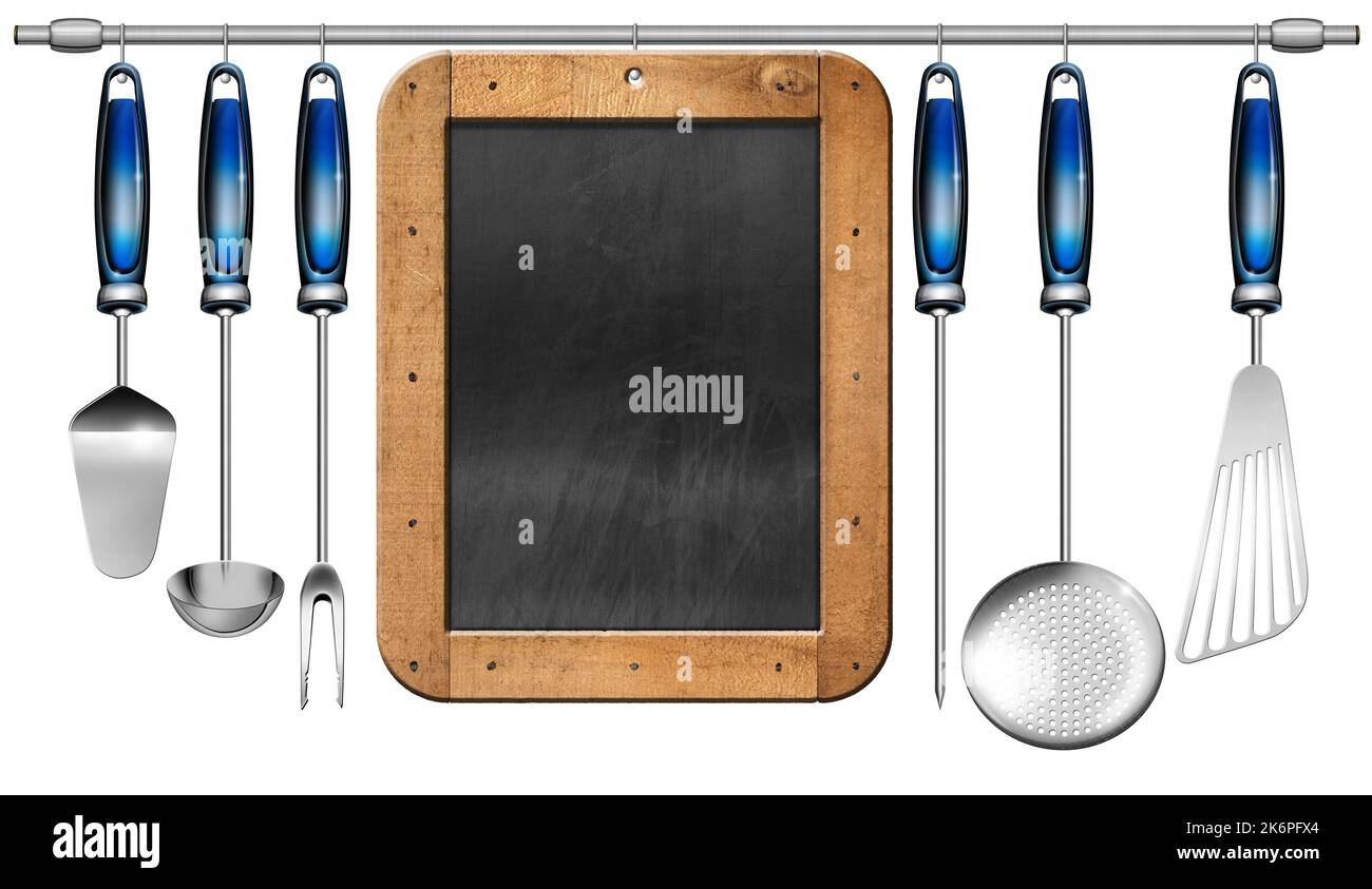 Set of six kitchen utensils and a blank chalkboard, hanging on a Pole ...