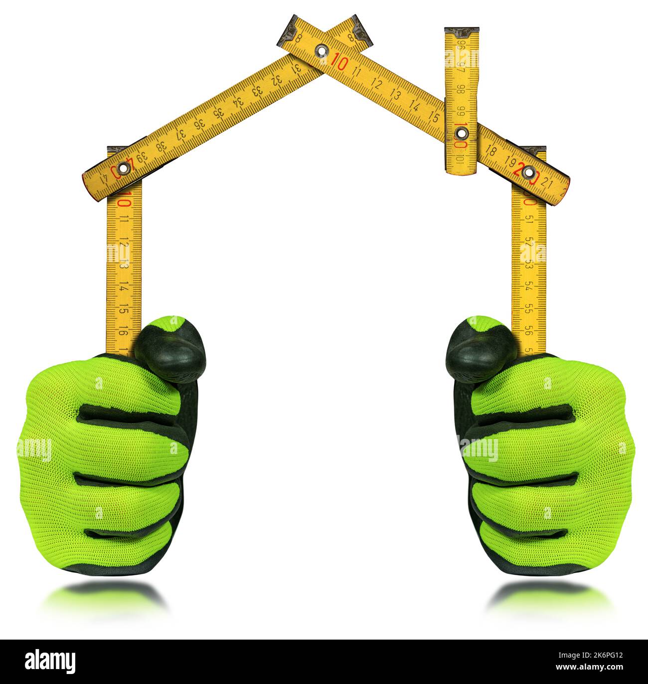 Close-up of two hands with work gloves holding a folding ruler in the ...