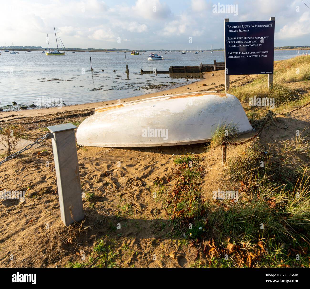 Sandy beach and shoreline of tidal River Deben, Bawdsey Quay, Suffolk ...