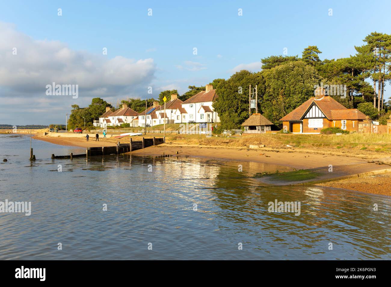 Sandy beach and shoreline of tidal River Deben, Bawdsey Quay, Suffolk ...