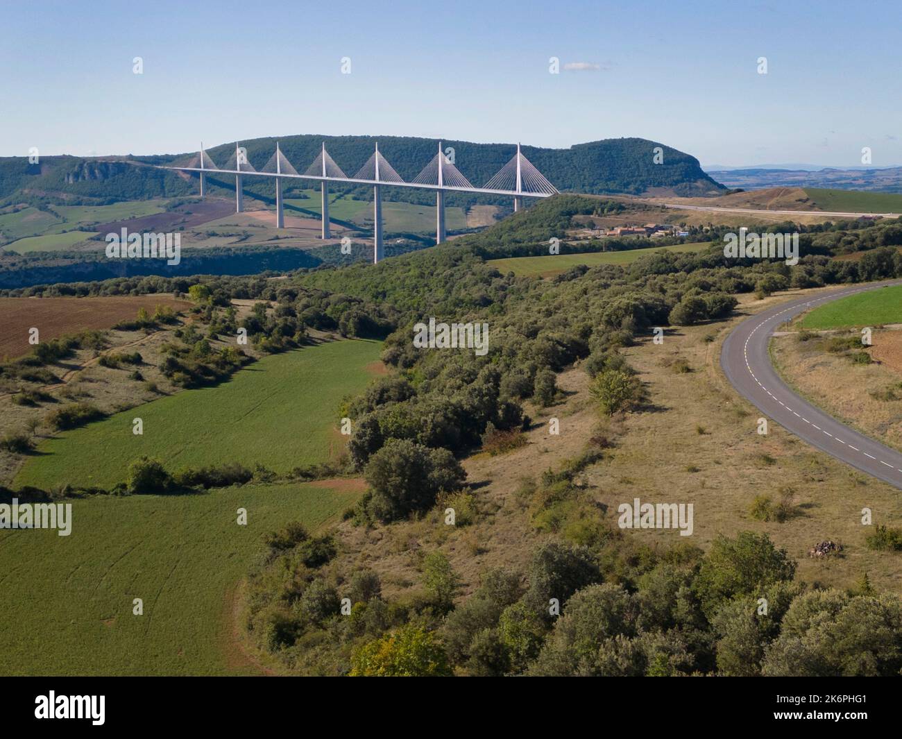 Aerial view, Viaduct de Millau, Tarn gorge valley, Aveyron, France ...