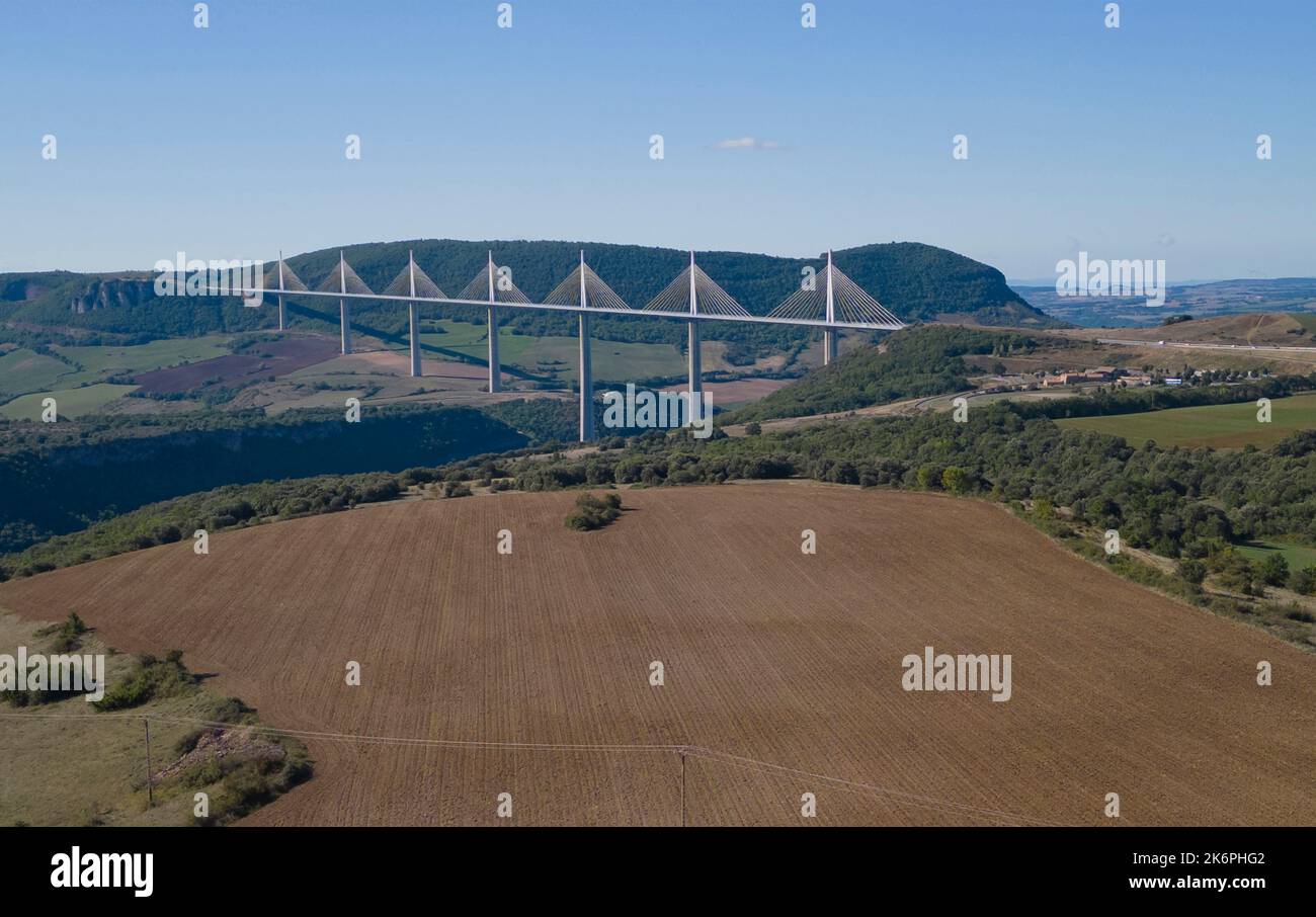 Aerial view, Viaduct de Millau, Tarn gorge valley, Aveyron, France ...
