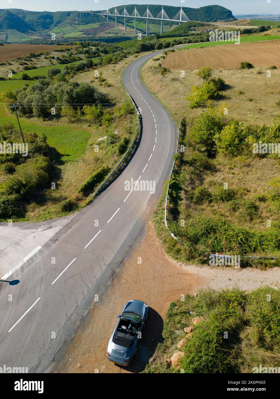 Aerial view, Viaduct de Millau, Tarn gorge valley, Aveyron, France ...