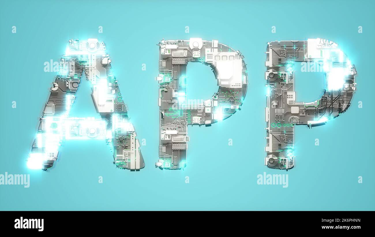 modern lighting cybernetic text APP on blue backdrop - abstract 3D ...