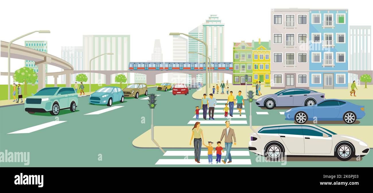 People on the crosswalk and road traffic, illustration Stock Vector ...