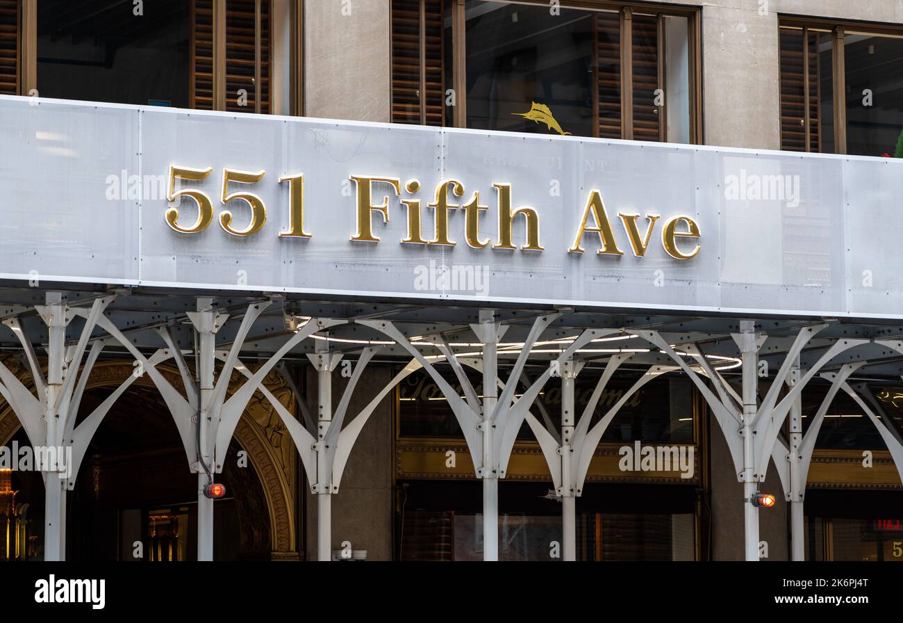 New York, USA - September 19, 2022: A sign with the address 551 on the ...
