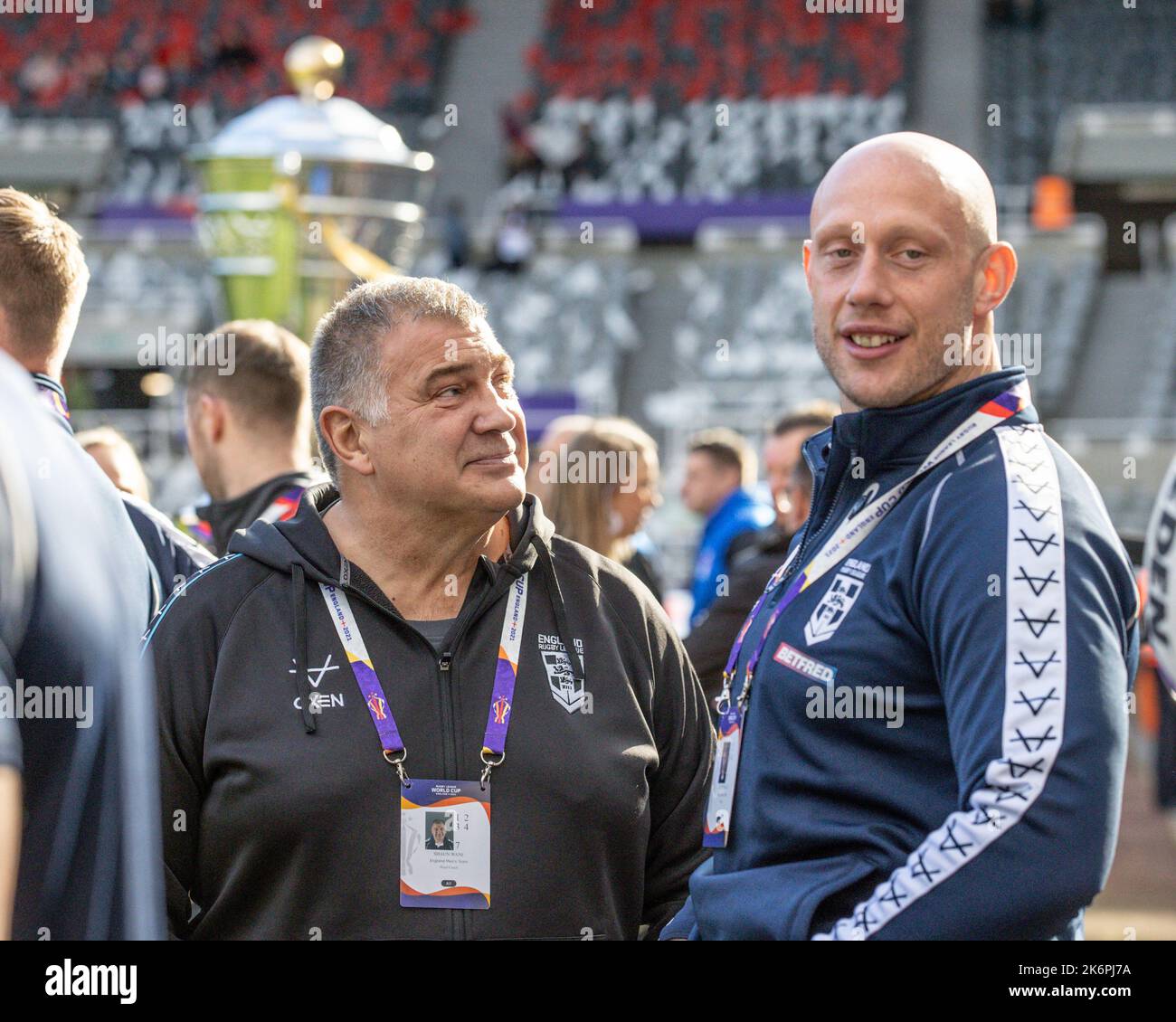Shaun Wane Head Coach of England and Chris Hill of England during the Rugby League World Cup ...