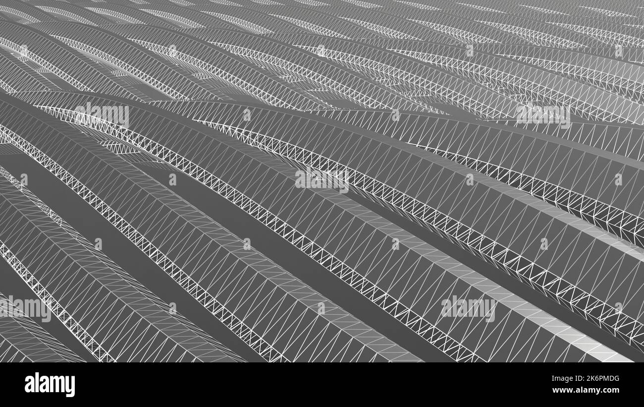3d Grayscale Rendering Of Rows Of Geometric Wavy Object With Glowing Wired Overlays A Geometric