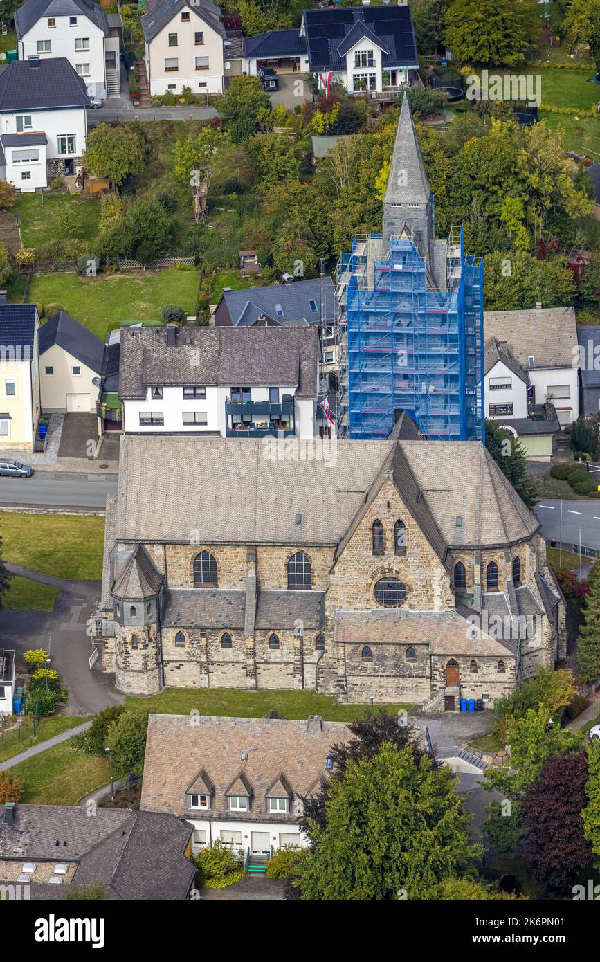Aerial view, steeple renovation catholic St. Anna church, Nuttlar ...
