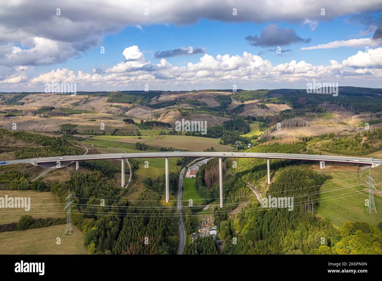 Aerial view, Nuttlar viaduct, A46 freeway, forest damage, Nuttlar ...