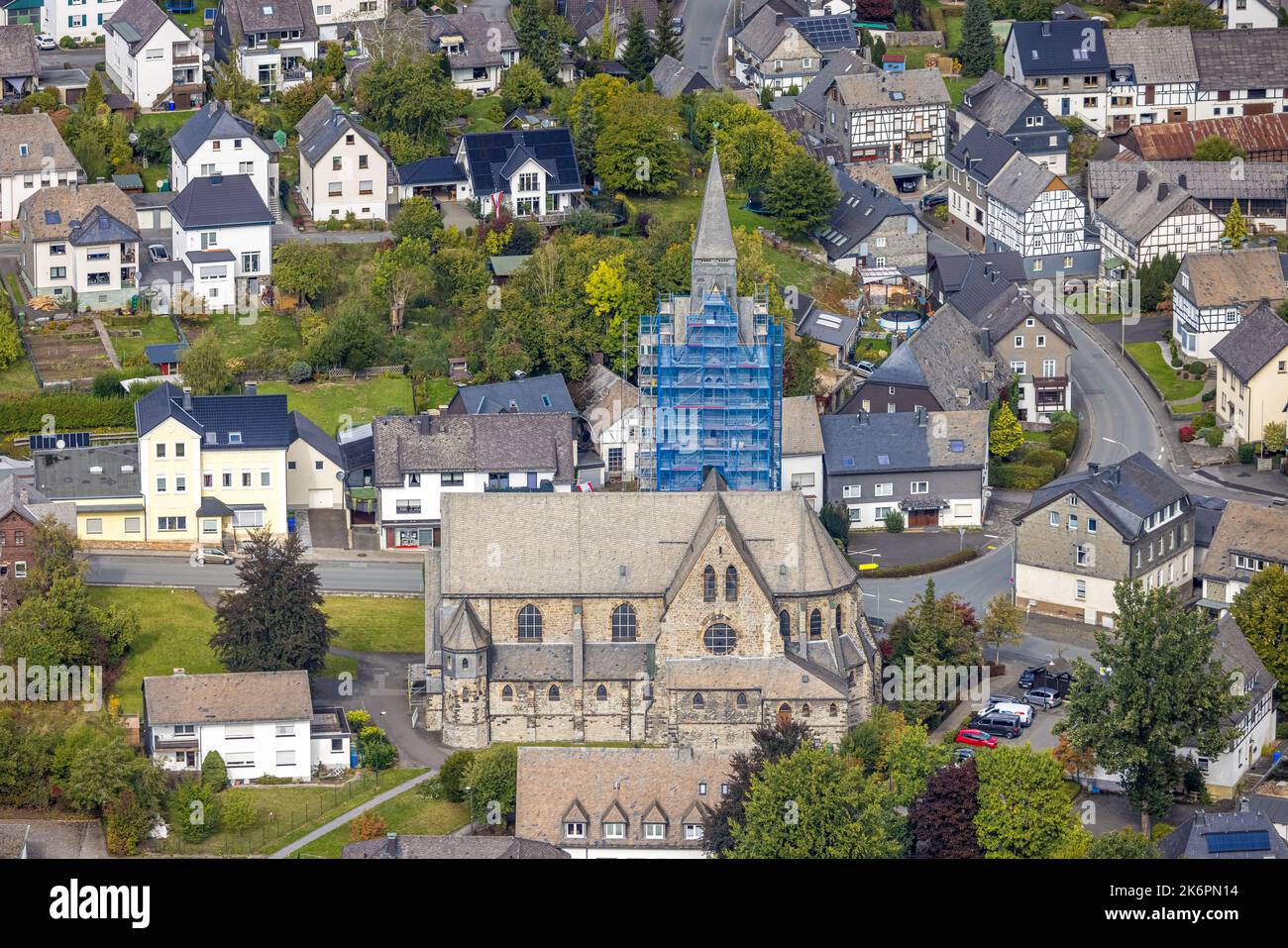 Aerial view, steeple renovation catholic St. Anna church, Nuttlar ...