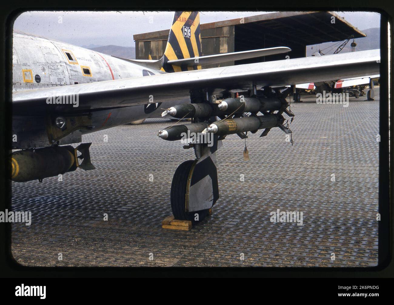 Front view of the left wing of a Republic F-84 Thunderjet bearing the ...