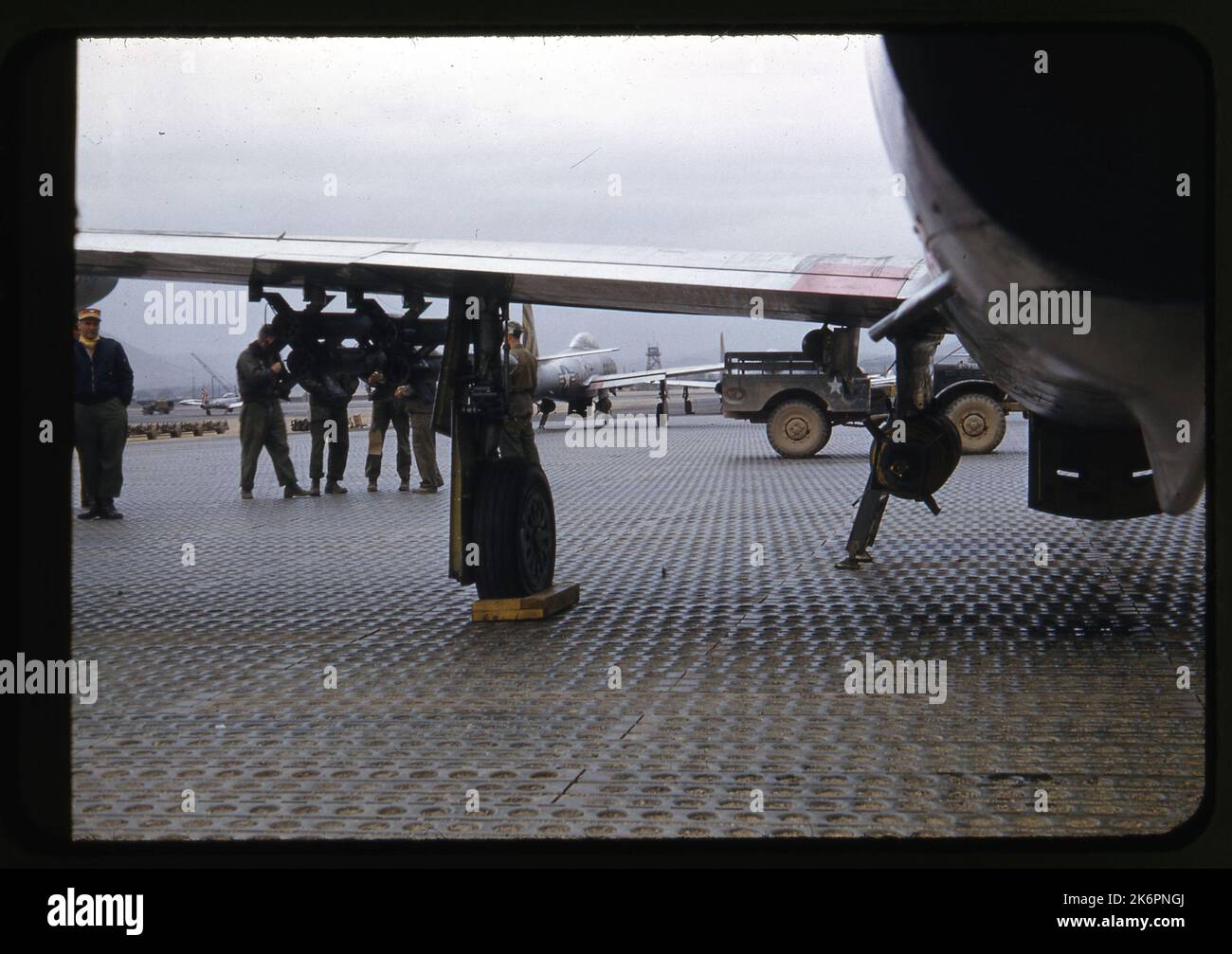 Left rear view of a Republic F-84 Thunderjet showing the wing fitted ...