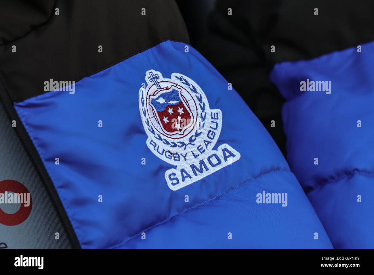 Samoa badge on match warn warm up clothes during the Rugby League World ...