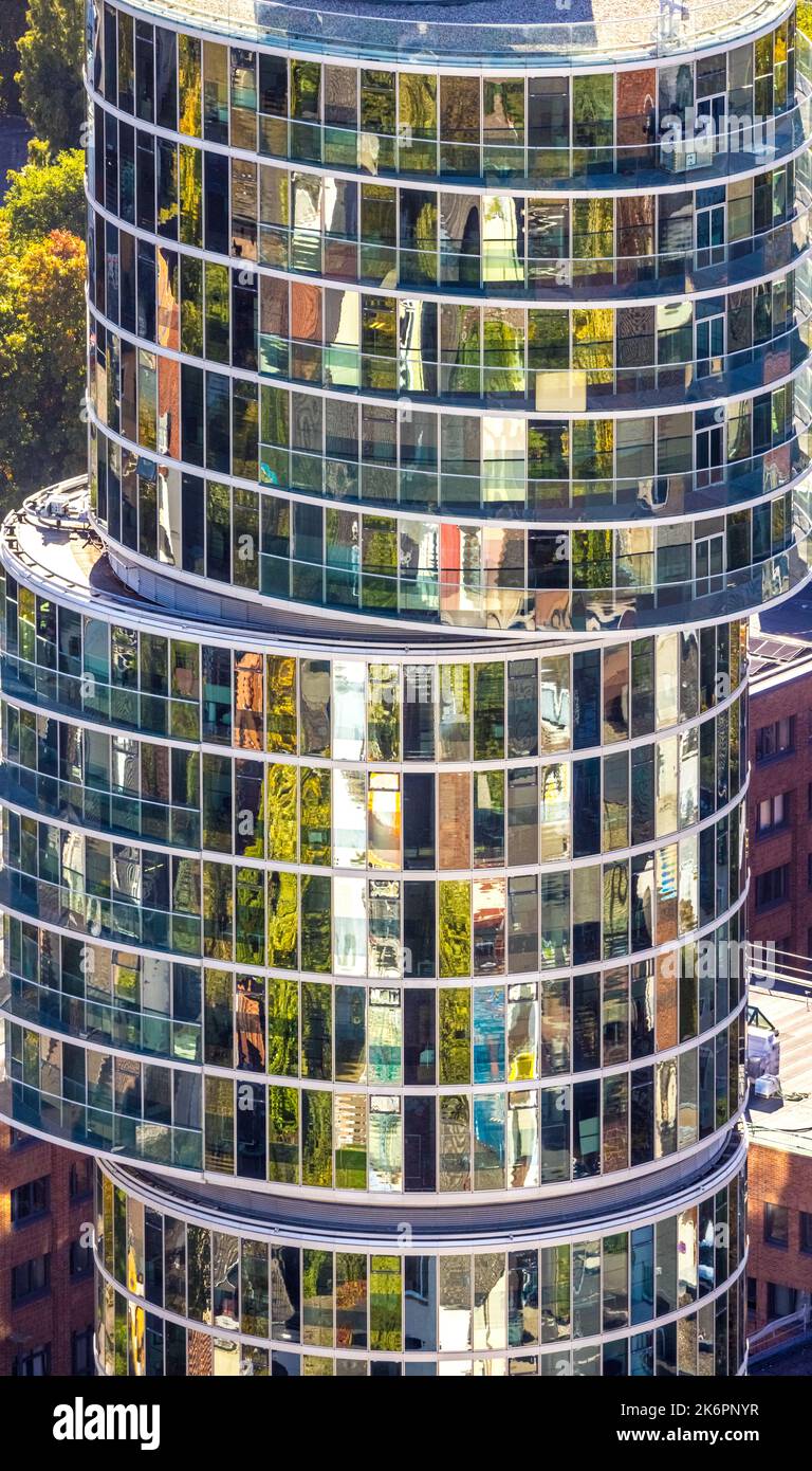 Aerial view, eccentric building, office tower, shapes and colors, south ...