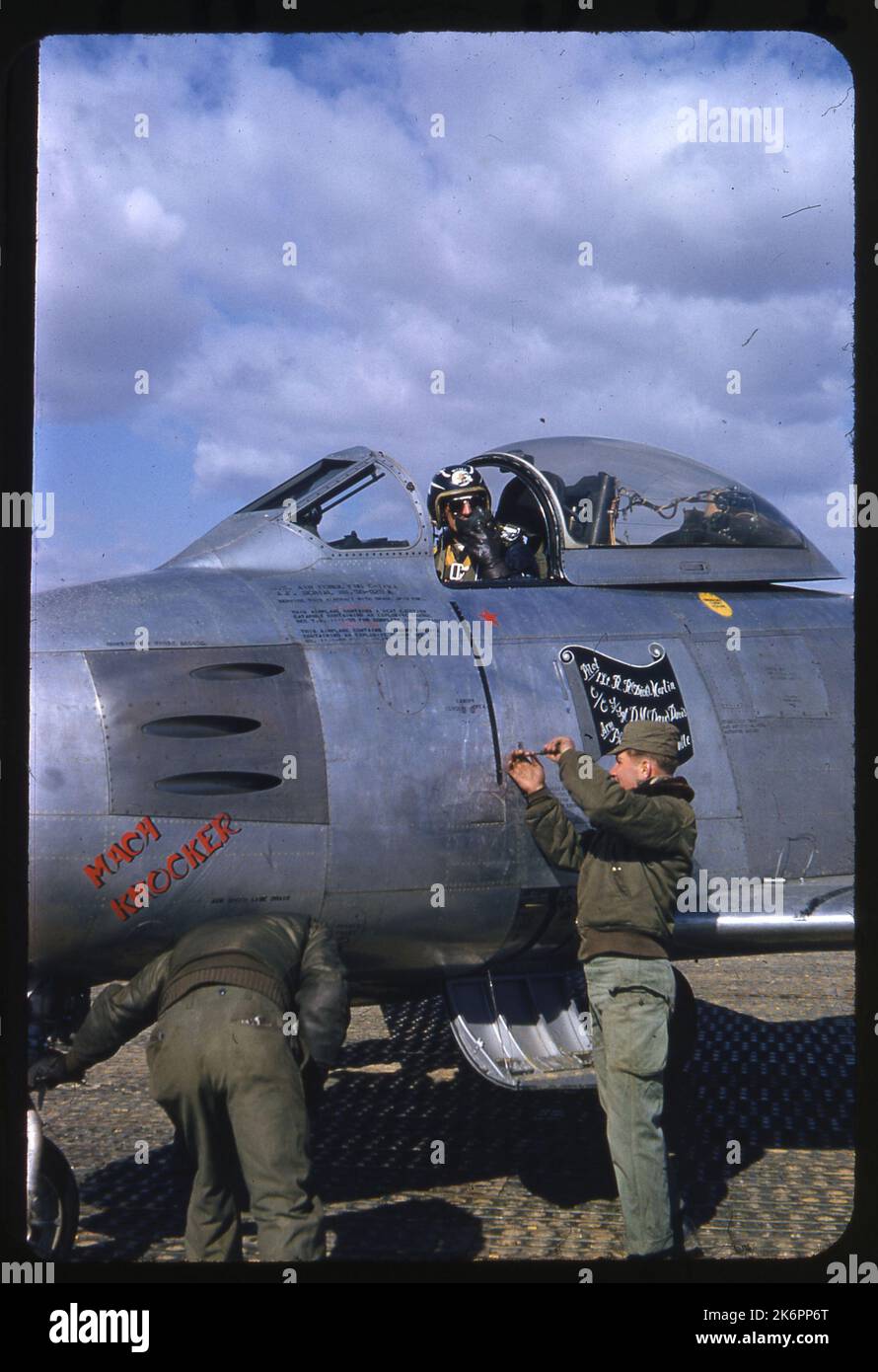 Three-quarter left front view of front of a North American F-86E Sabre ...