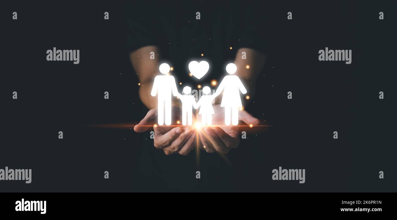 Man protect my family. Heart and family icon on hand. Family day ...