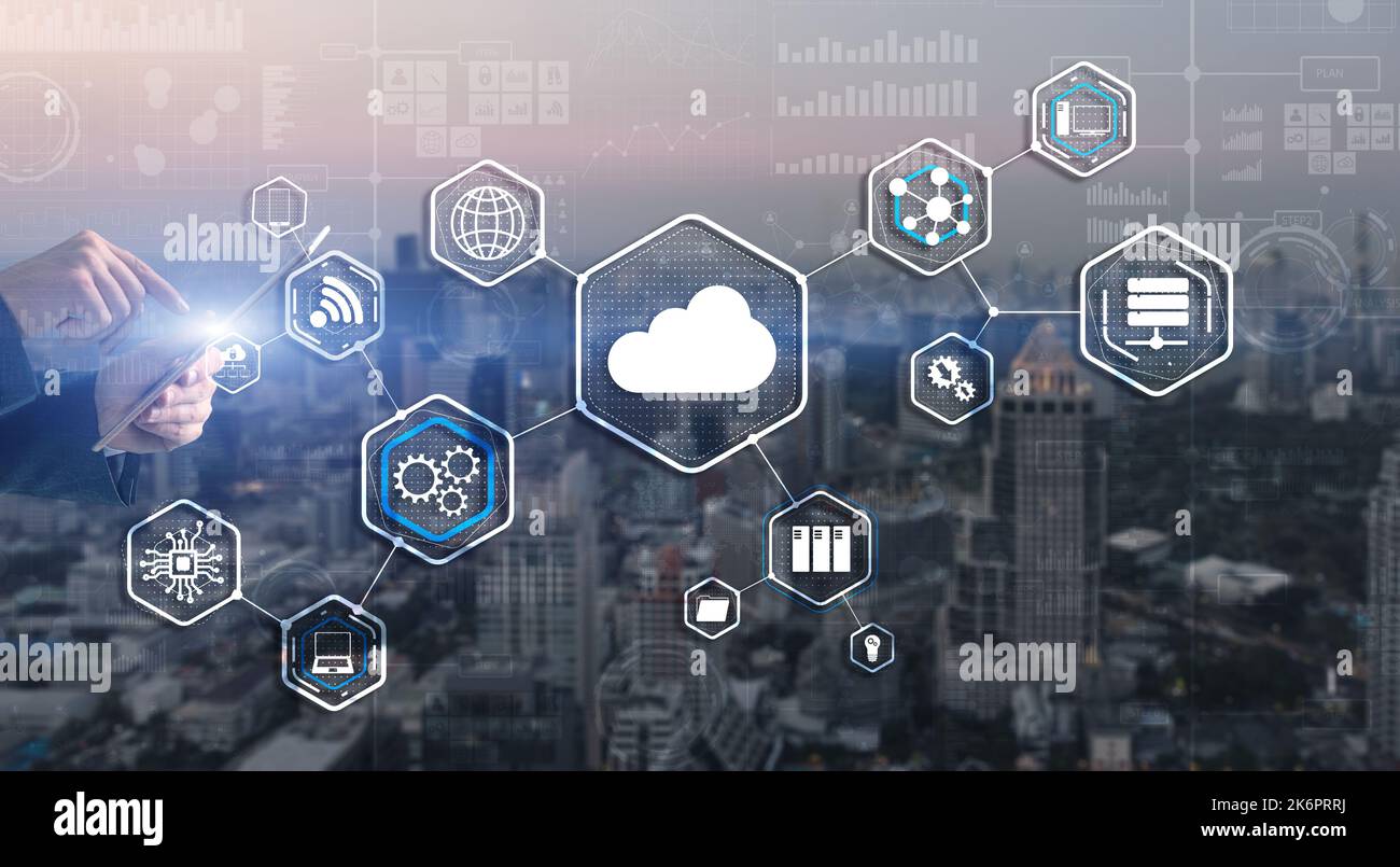 Man clicks icon Cloud Computing Technology Internet Storage Network Concept Stock Photo - Alamy