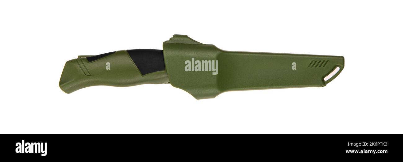 Modern hunting knife with silver blade and rubber handle. Steel arms ...