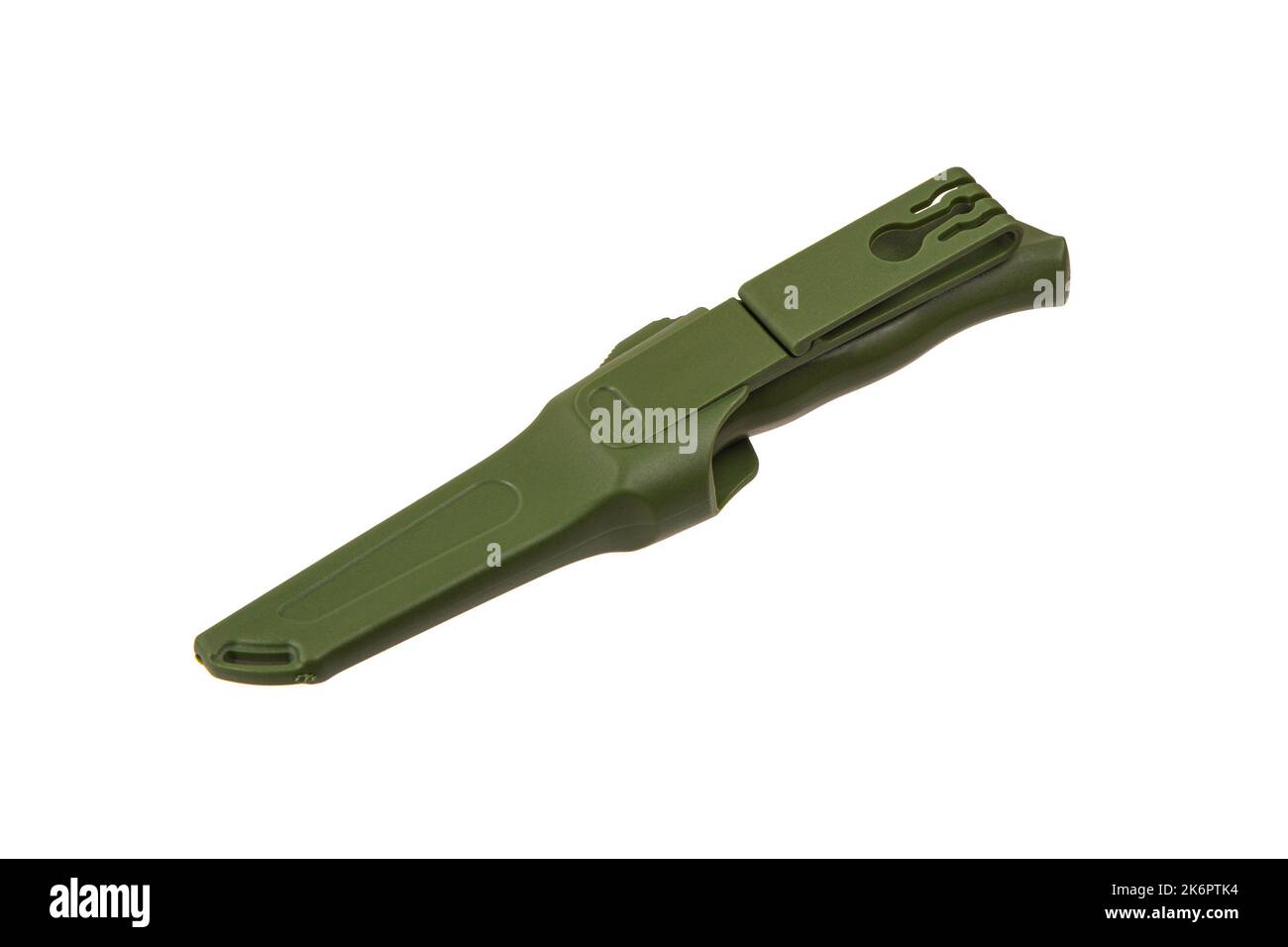 Modern hunting knife with silver blade and rubber handle. Steel arms ...