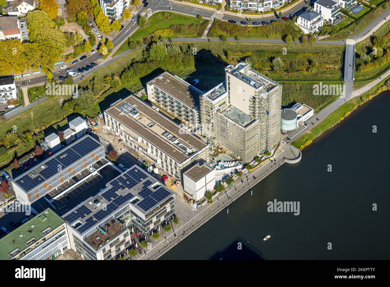 Aerial view, Phoenix lake, office and commercial buildings ...