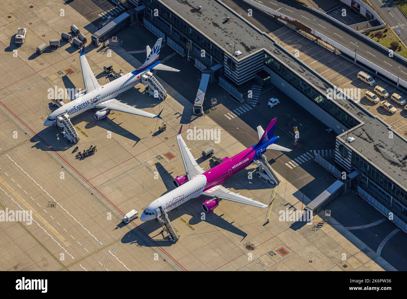 Aerial view, airplanes at terminal, Dortmund Airport, Wickede, Dortmund, Ruhr area, North Rhine ...