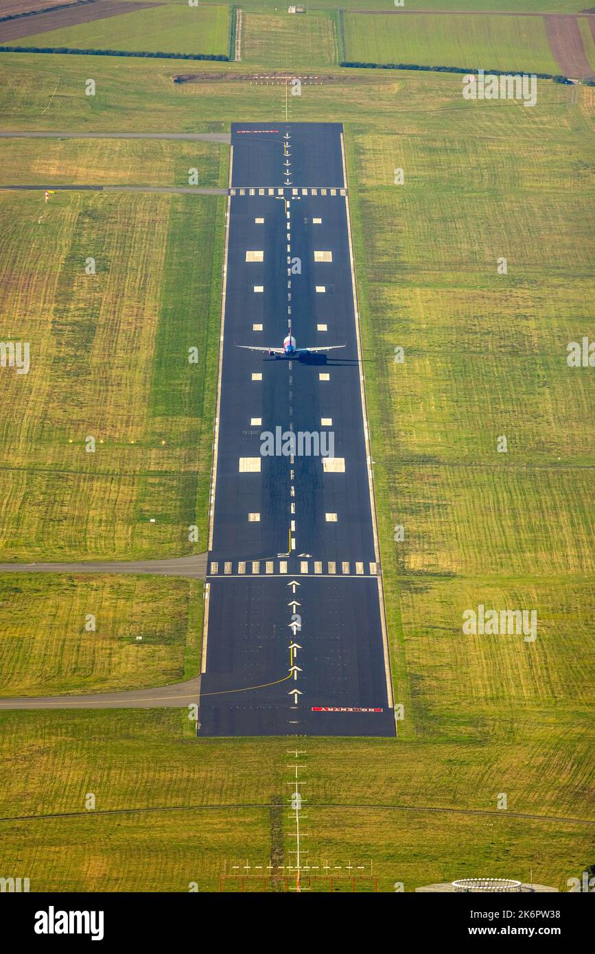 Aerial view, runway, aircraft taking off, Dortmund Airport, Wickede ...