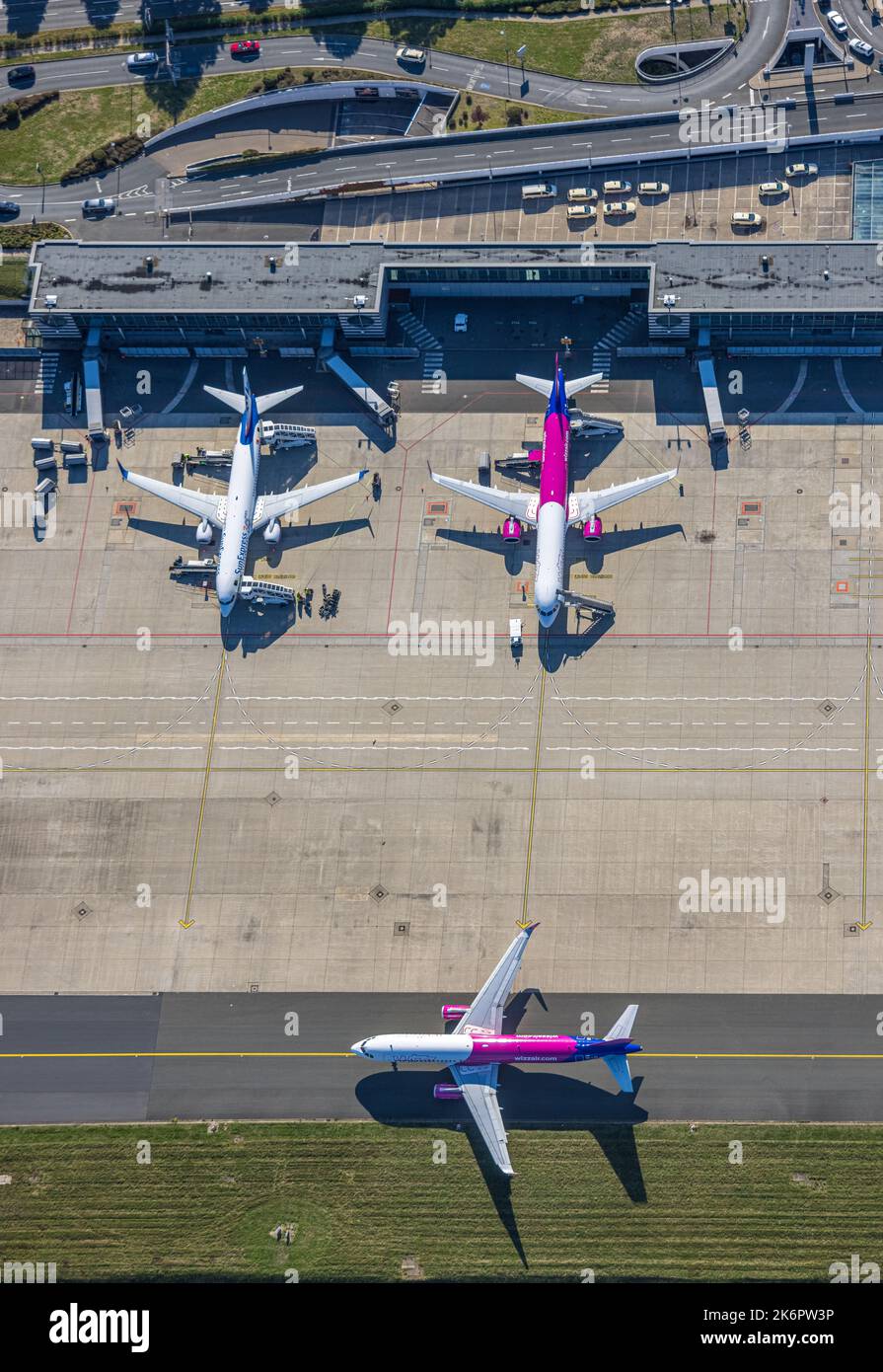 Aerial view, airplanes at terminal, Dortmund Airport, Wickede, Dortmund ...