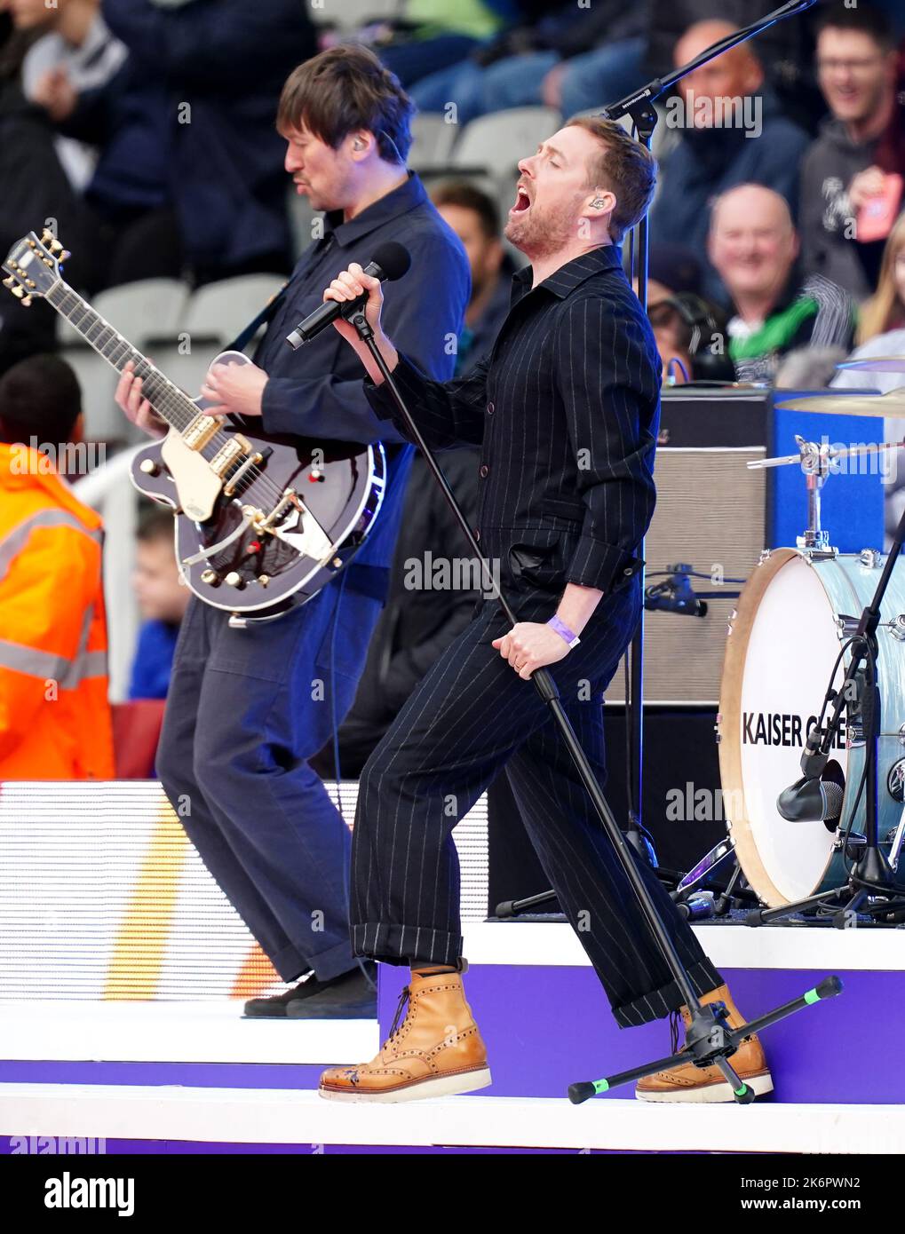 Ricky Wilson of The Kaiser Chiefs performs prior to the Rugby League ...