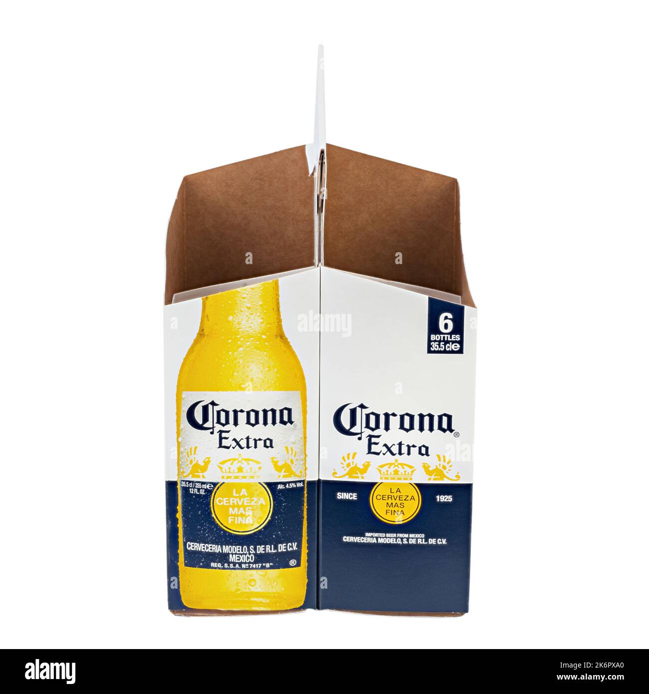 Ukraine, Kyiv - July 12. 2022: empty cardboard pack of Corona Extra ...