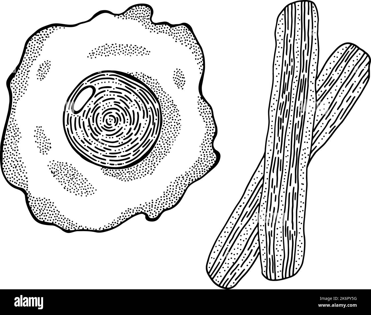 Line art sketch of fried egg with bacon. Pan and ink illustration of ...