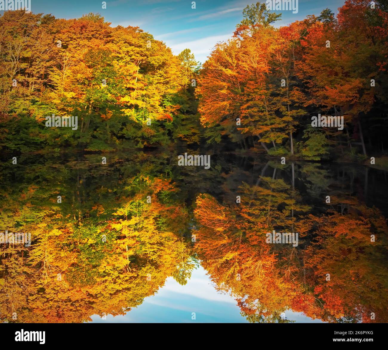 Autumn trees and reflection on perfectly calm waters in Clay, New York ...