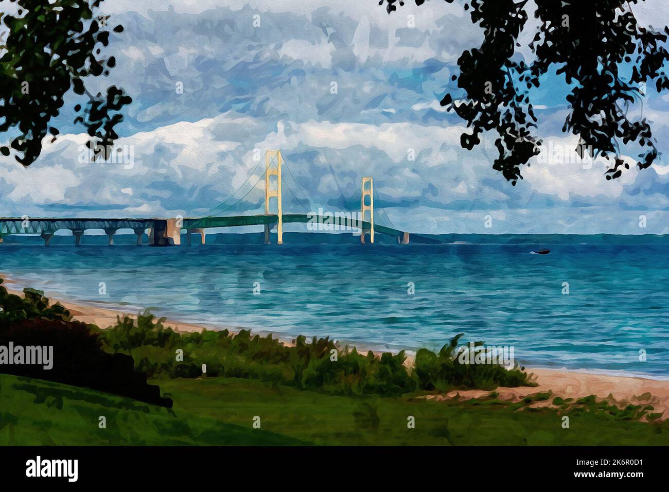 Digitally created watercolor painting of the Mackinaw Bridge on a ...