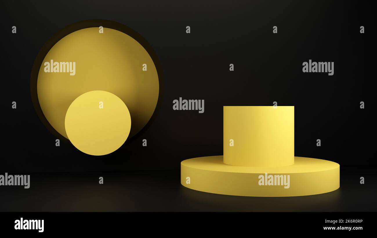 3d render composition with circle and cylinder black and yellow colors ...