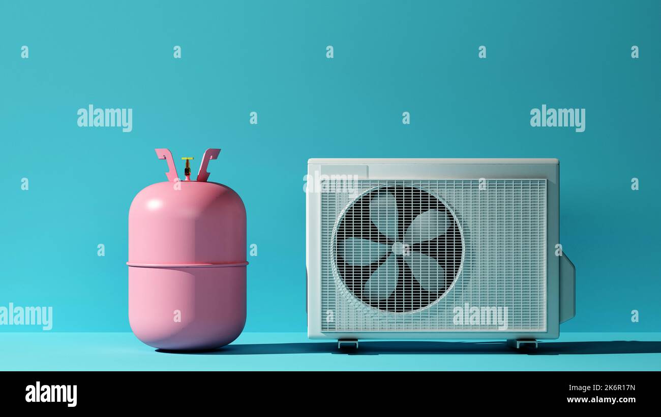 pink tank for refilling freon next to the air conditioning system with ...