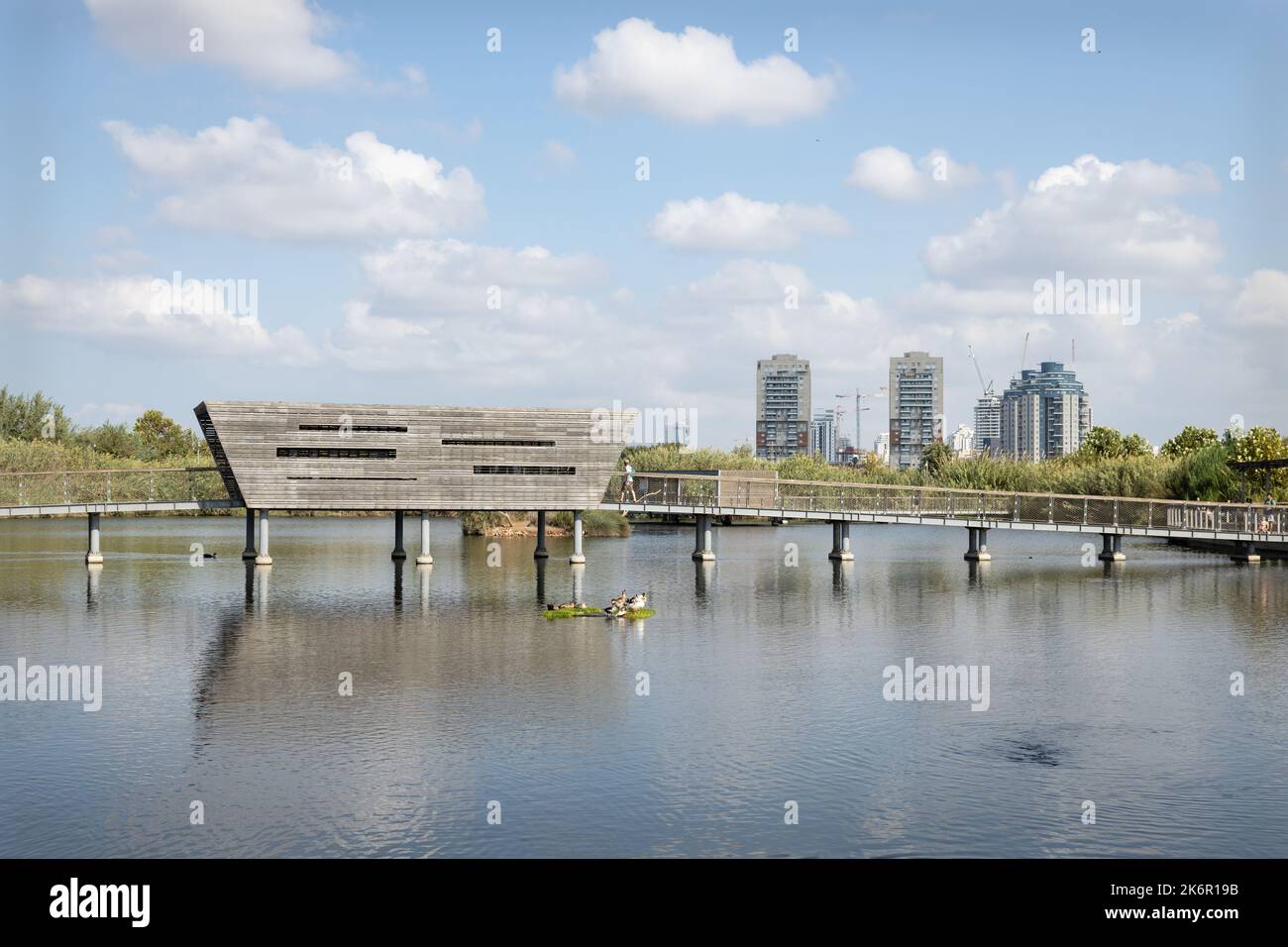 people and water birds at the ecological lake park, Hod HaSharon ...