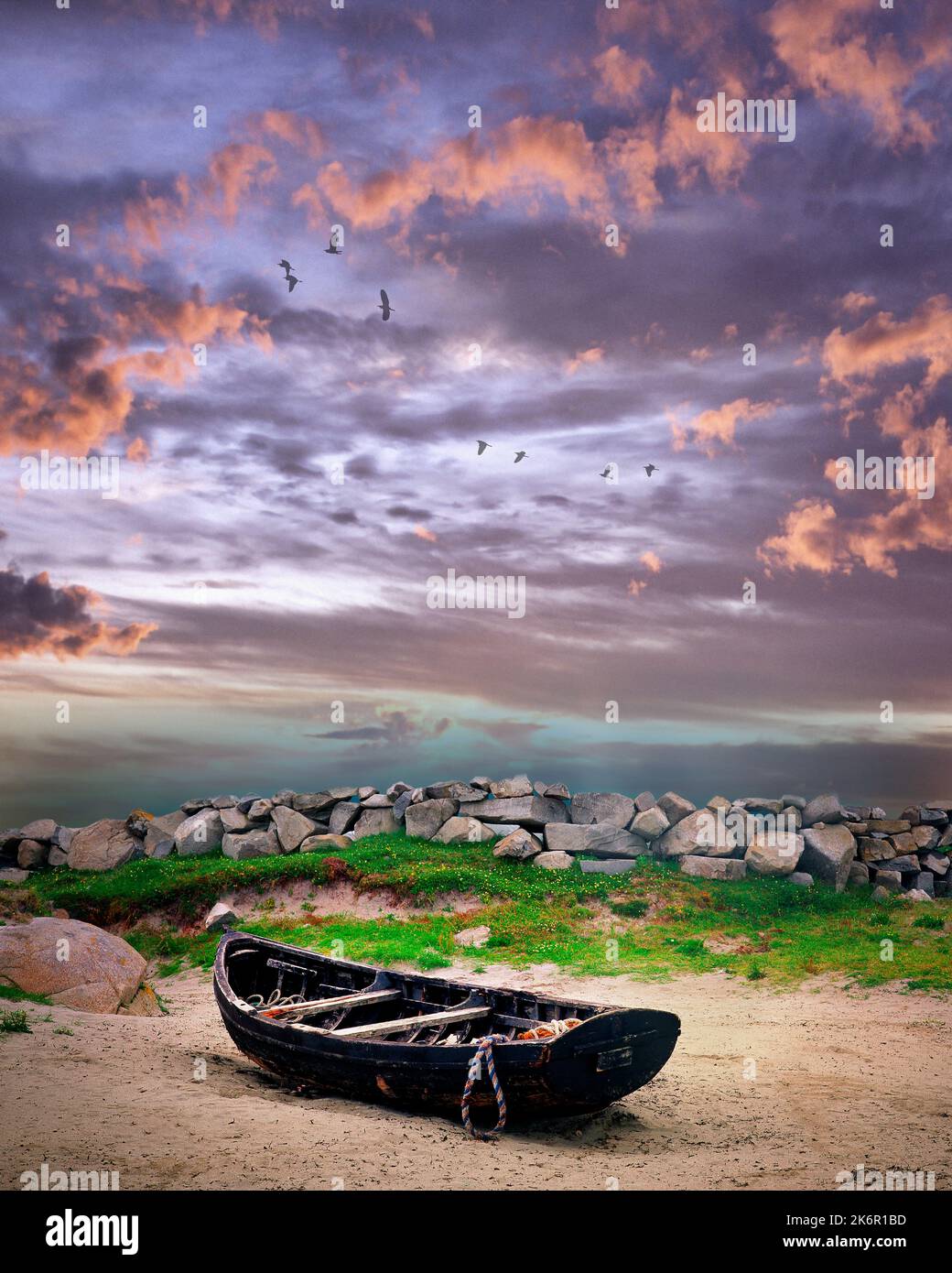 IRL - CO. GALWAY: Fishing boat on Carna Strand. Connemara Stock Photo ...