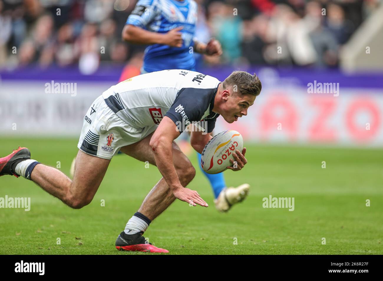 Jack Welsby of England goes over for a try during the Rugby League World Cup 2021 match England ...