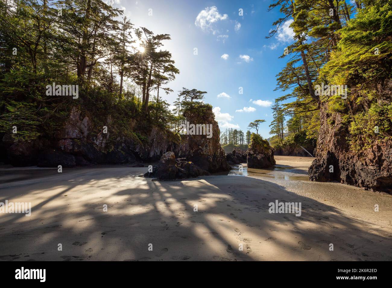 Sandy beach on Pacific Ocean Coast View. Sunny Blue Sky. San Josef Bay ...
