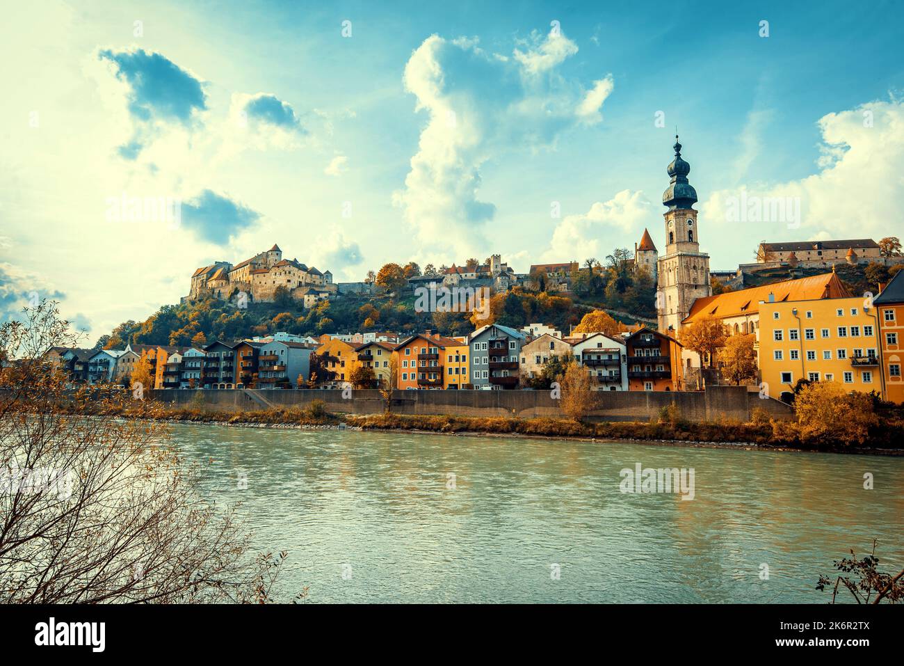 Panoramic view of old town and castle Burghausen, Bavaria, Germany and ...