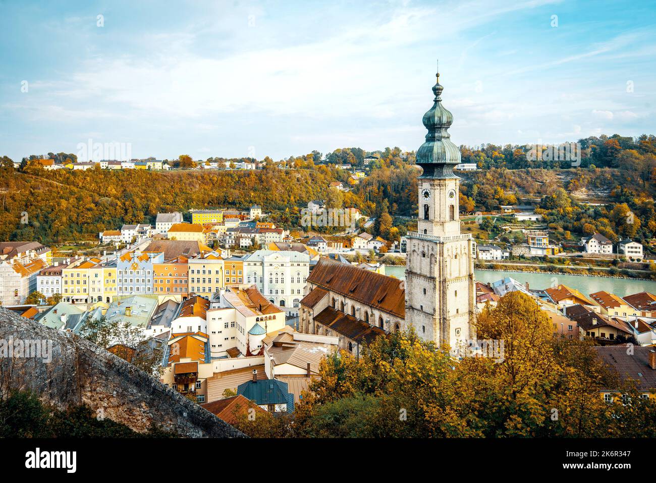 View of old town from castle Burghausen, Bavaria, Germany and Salzach ...