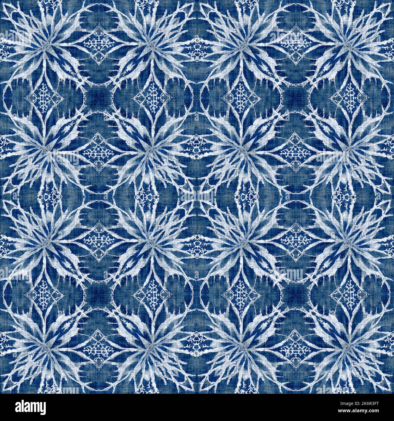 Indigo blue snow flake damask pattern background. Frosty painterly ...